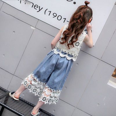 女童套装两件套夏2019新款中大童65棉背心蕾丝花边牛仔阔腿裤拼接_拼多多返利优惠券 - 一起惠返利网_178hui.com