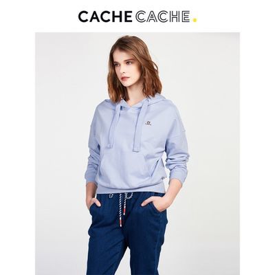 cachecache上衣女Kumamon蓝色连帽套头纯色原宿风长袖卫衣女_拼多多返利优惠券 - 一起惠返利网_178hui.com